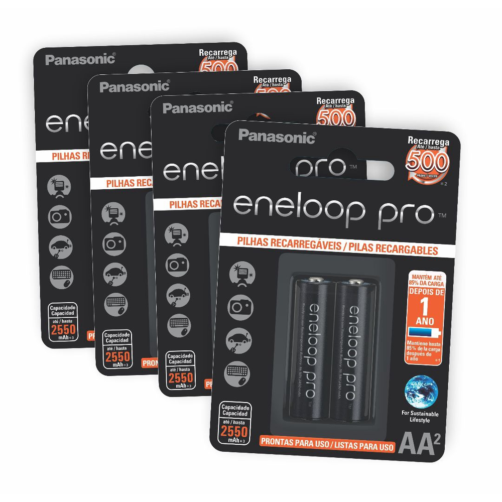 8 Pilhas Aa Recarregáveis Panasonic Eneloop Pro 4 Cartelas C 2 Pilhas